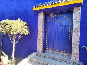 Uma porta azul com um detalhe metálico decorativo, uma pequena árvore e um acesso revestido em azulejos.
