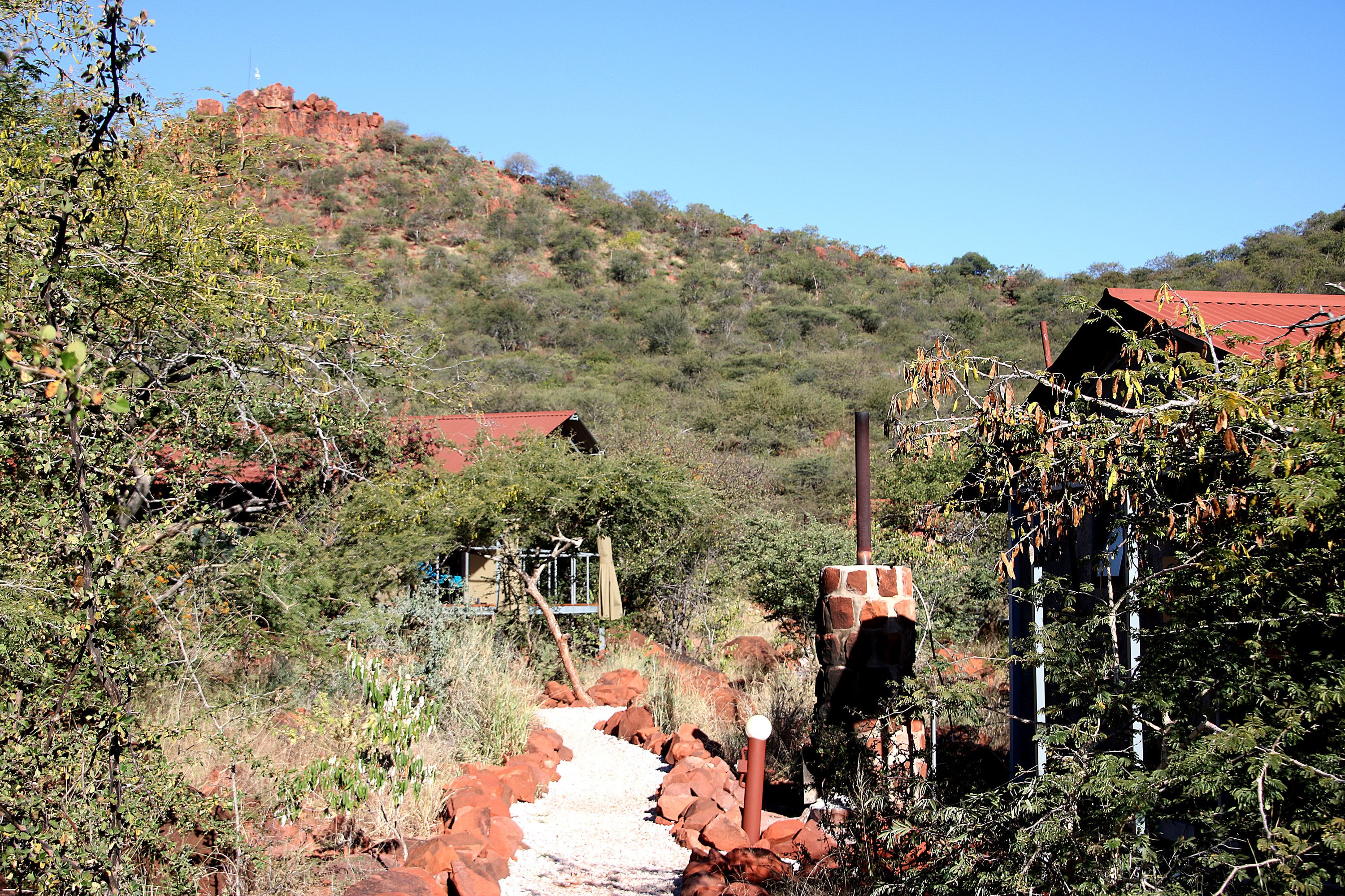 Paisagem rural com um caminho de cascalho que leva a uma casa com telhado vermelho, cercada por vegetação e uma colina ao fundo.