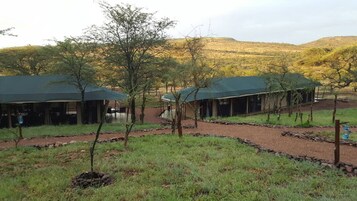 Um camping com tendas e um pequeno edifício, cercado por grama e árvores.