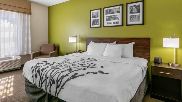 Quarto de hotel com uma cama grande, uma cadeira, uma mesa de cabeceira com abajur e uma parede com três quadros emoldurados.