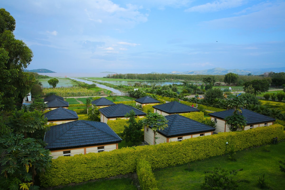 Uma área residencial com várias casas, cada uma com telhado escuro e paredes claras, rodeada por vegetação exuberante e um rio ao fundo.
