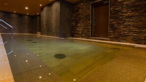 Piscina interior com parede de pedra e porta.