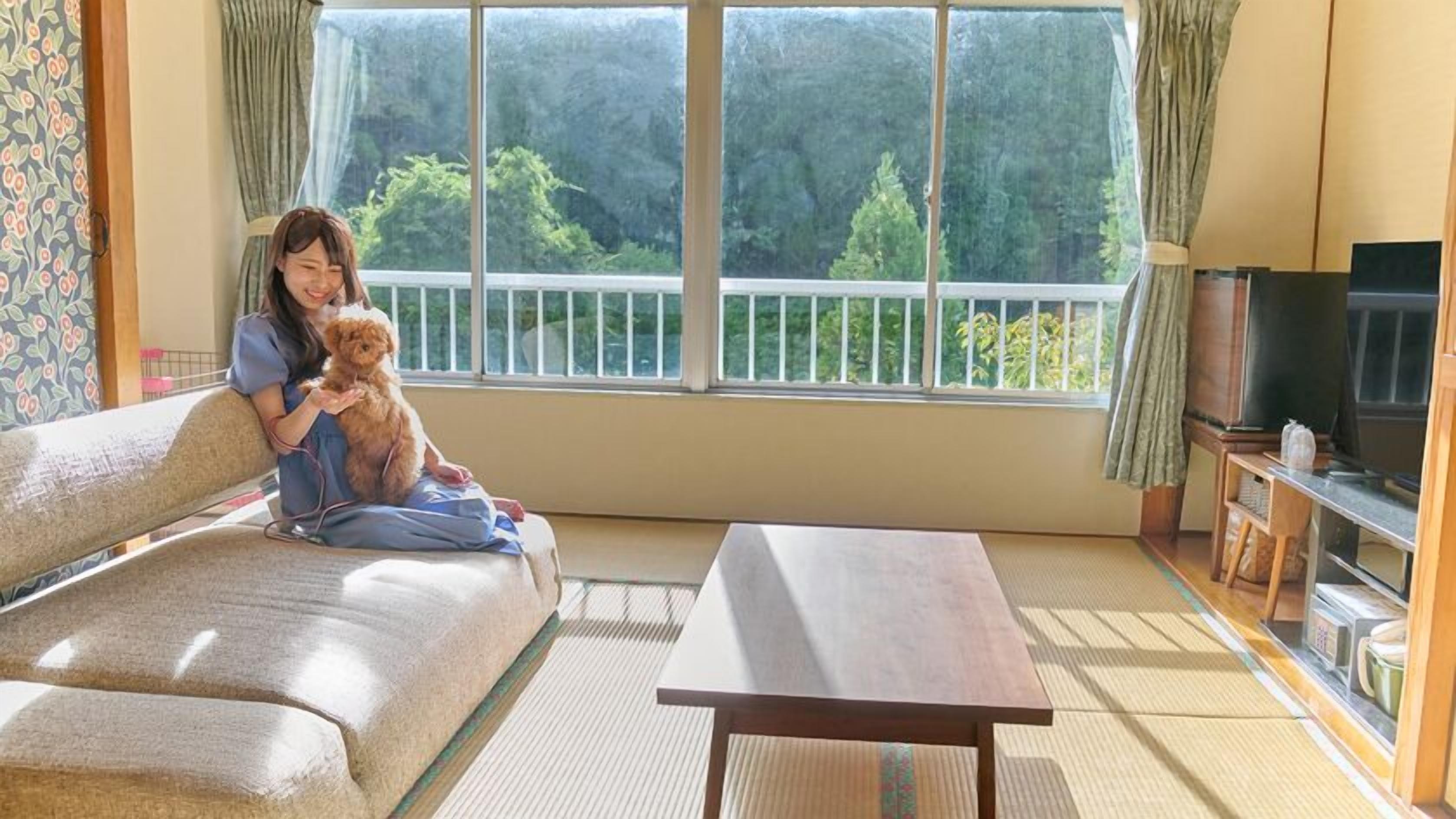 Quarto com sofá, mesa de centro de madeira, televisão e vista para árvores através de grandes janelas.