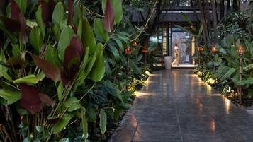 Uma trilha bordeada por vegetação exuberante e luzes decorativas que leva a um acesso de edifício.