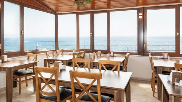 Um restaurante com mesas e cadeiras de madeira, janelas amplas com vista para o mar e teto de madeira com plantas penduradas.