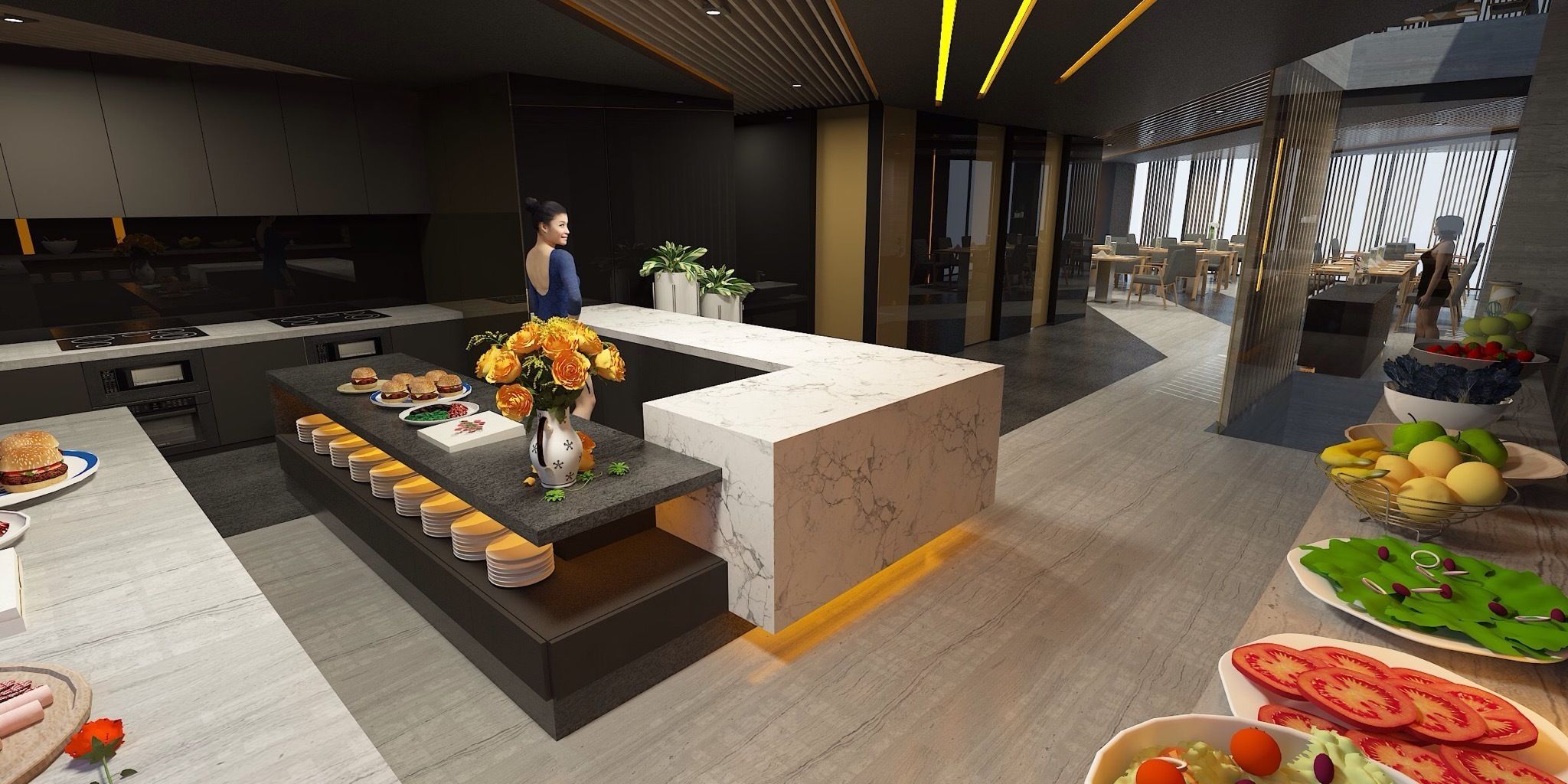 Cozinha moderna com ilha de mármore, espaço para buffet e área de estar com mesas e cadeiras.