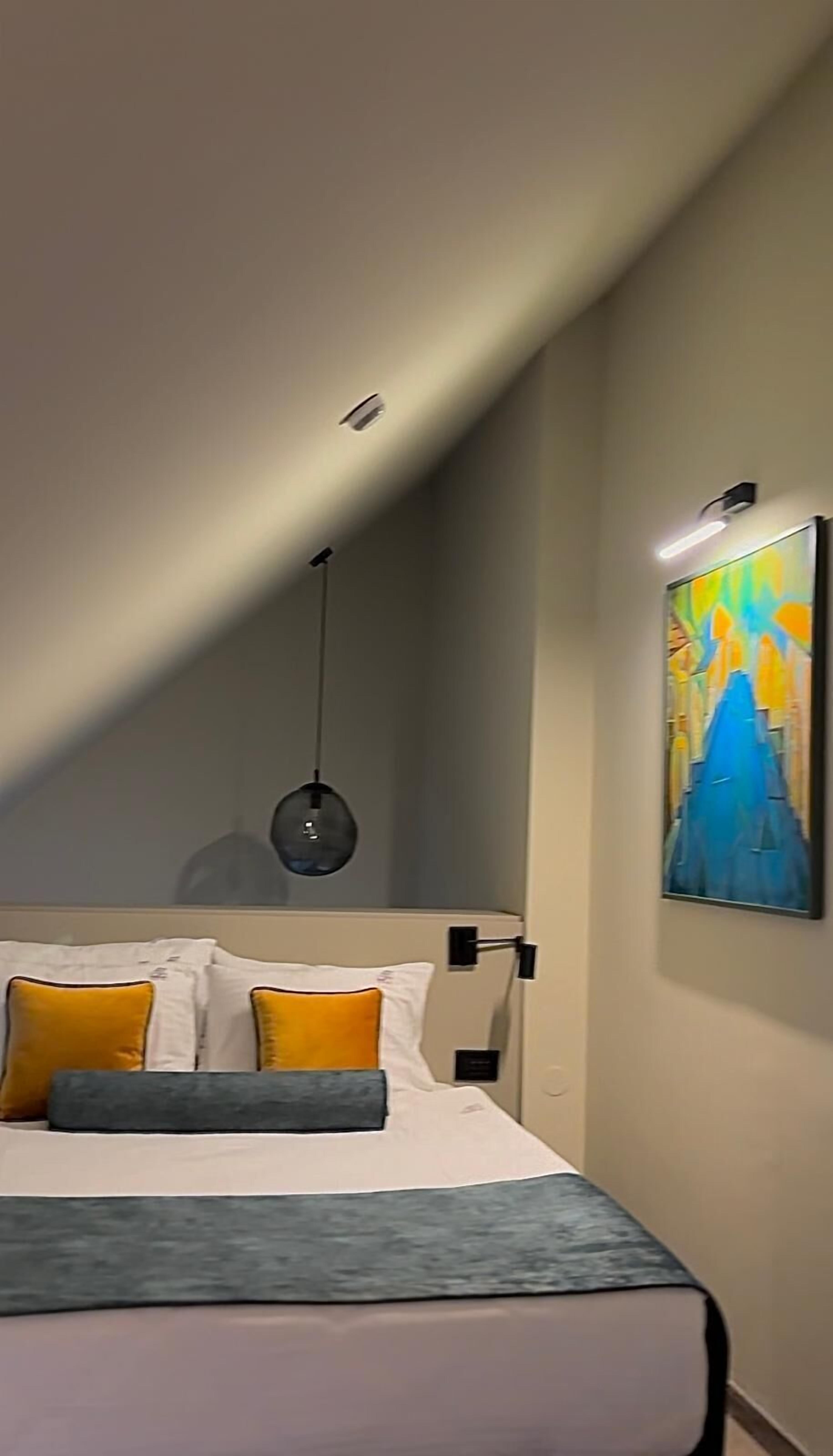 Quarto com cama, almofadas, um quadro e luminária no teto.