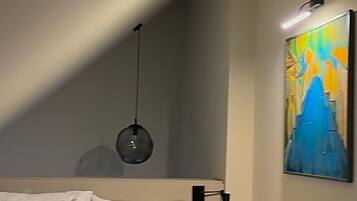 Quarto com cama, almofadas, um quadro e luminária no teto.