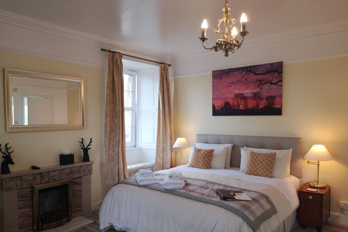 Quarto de hotel com lareira, uma cama grande com almofadas, mesa de cabeceira com abajur e um quadro na parede.