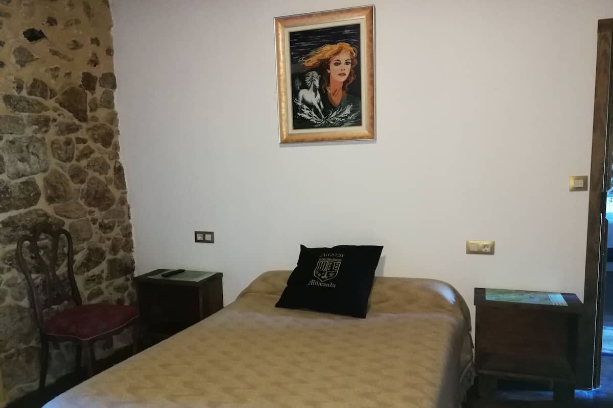 Quarto com cama, mesa de cabeceira, cadeira, parede de pedra e quadro na parede.