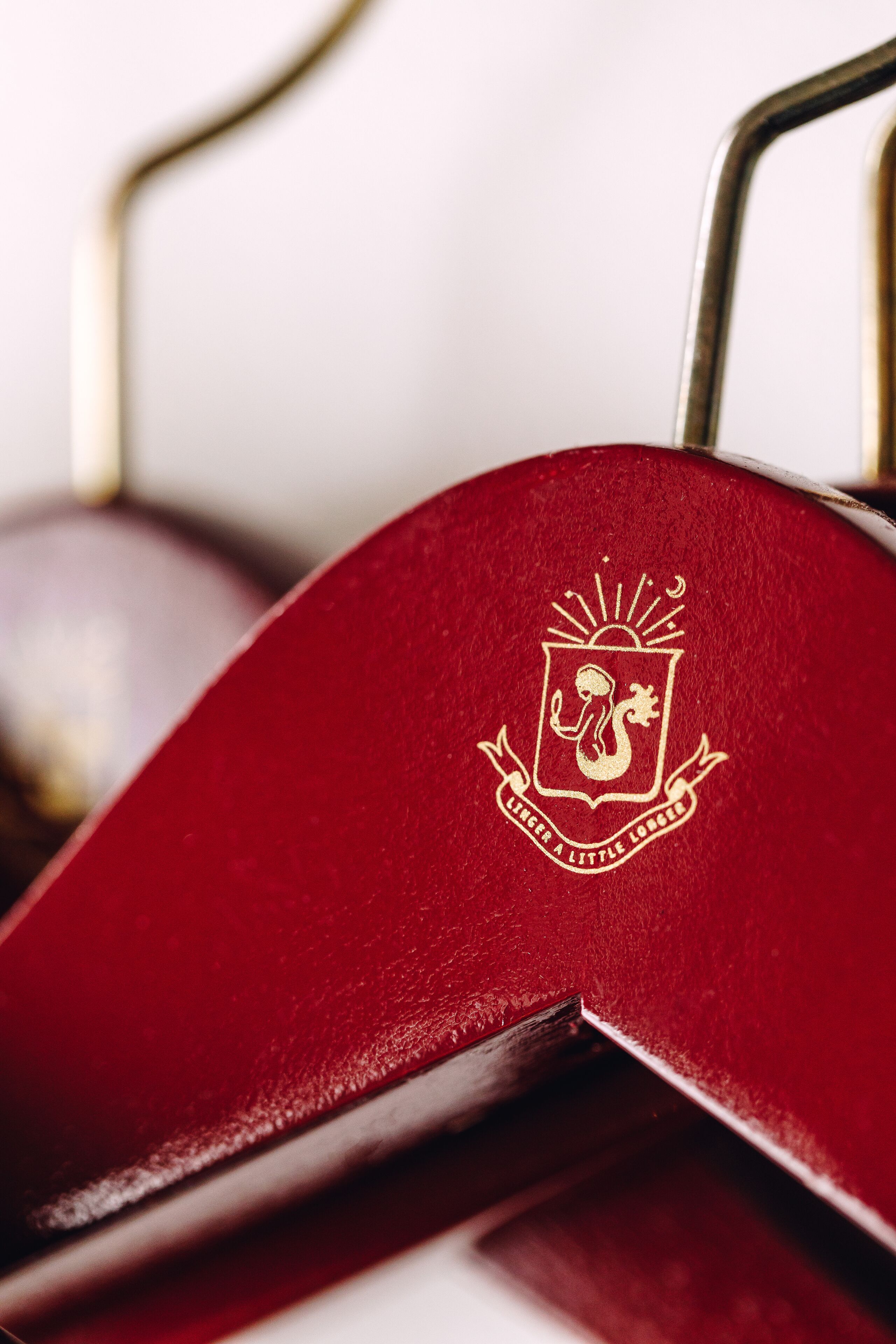Um close-up de um objeto vermelho com um emblema em forma de crista, possivelmente um móvel ou item decorativo.