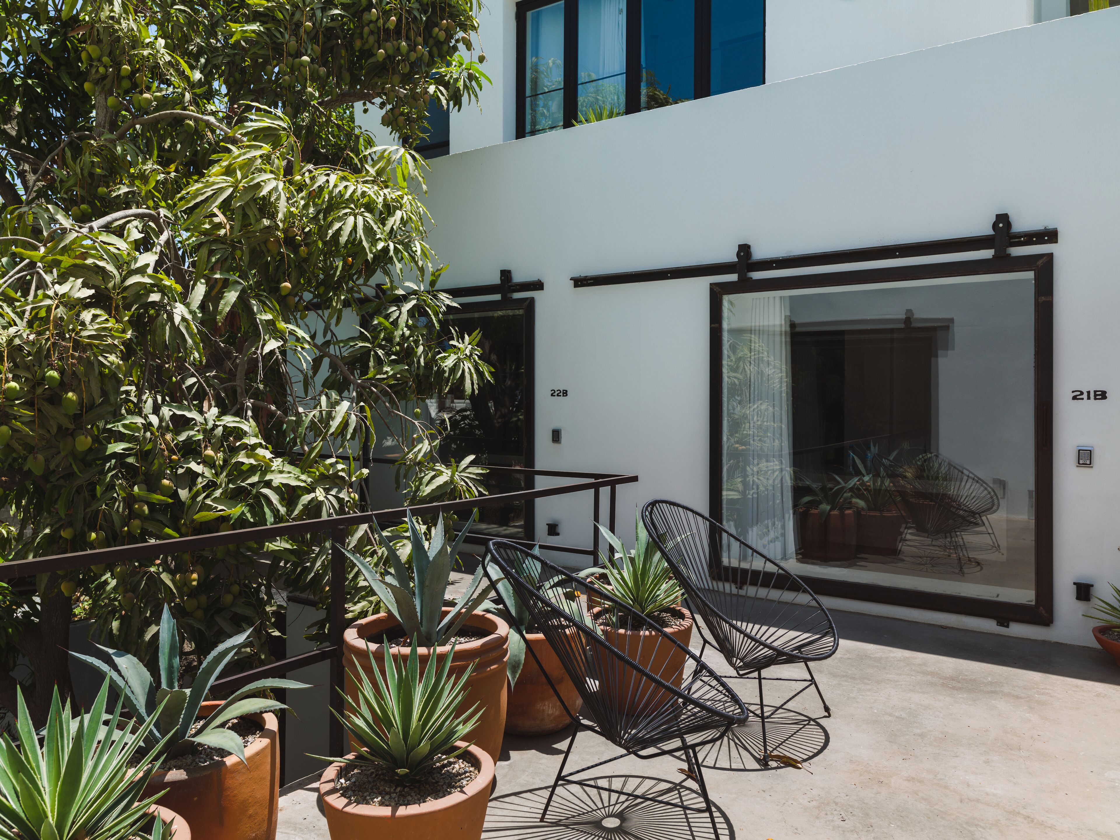 Um pátio moderno ao ar livre com plantas em vasos, cadeiras de metal e um edifício com portas e janelas de vidro.