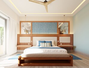 Um quarto moderno com uma cama grande, cabeceira de madeira e ventilador de teto.