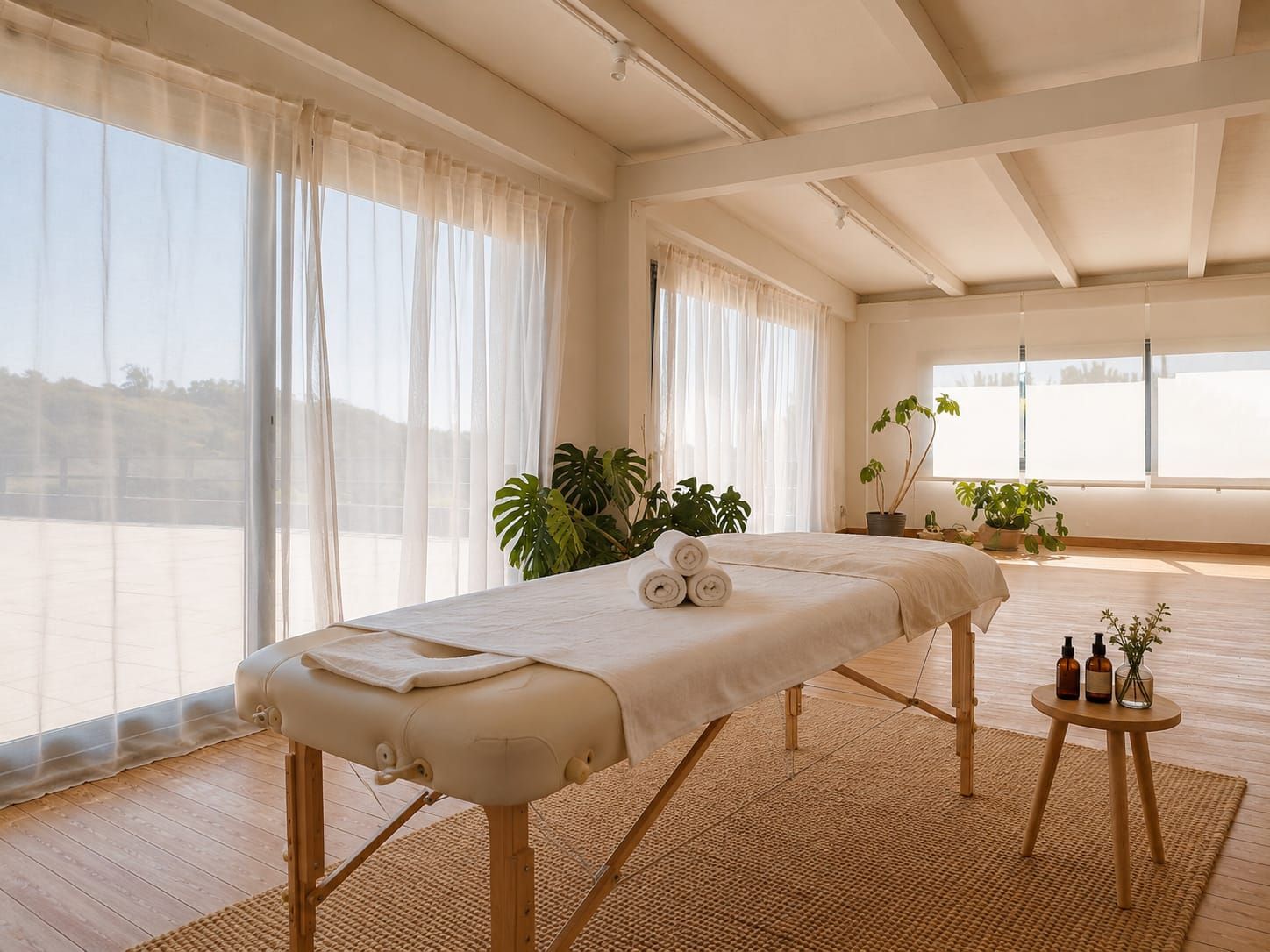 Sala de spa com mesa de massagem, janelas amplas e plantas em vasos.