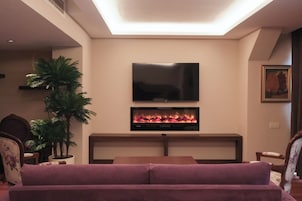 Sala de estar com televisão de tela plana acima da lareira, um sofá e um vaso de planta.