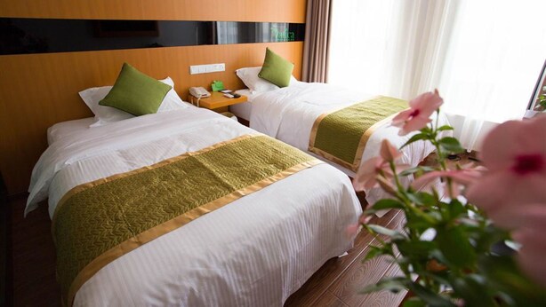 Quarto de hotel com duas camas, cada uma com colcha verde e branca, cabeceira de madeira e mesa de cabeceira com telefone e abajur.