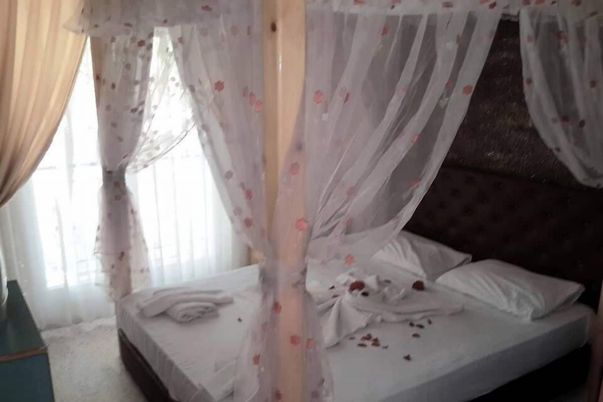 Uma cama com dossel, um travesseiro e um cobertor.