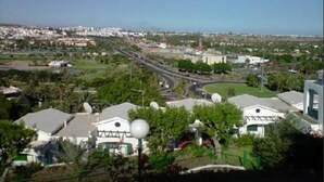 Uma área residencial com casas, uma rua e uma vista distante da cidade.