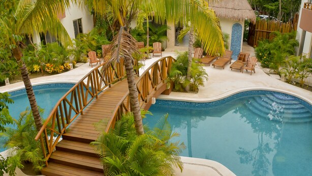 Área de piscina com uma ponte de madeira, cadeiras de descanso e plantas tropicais.