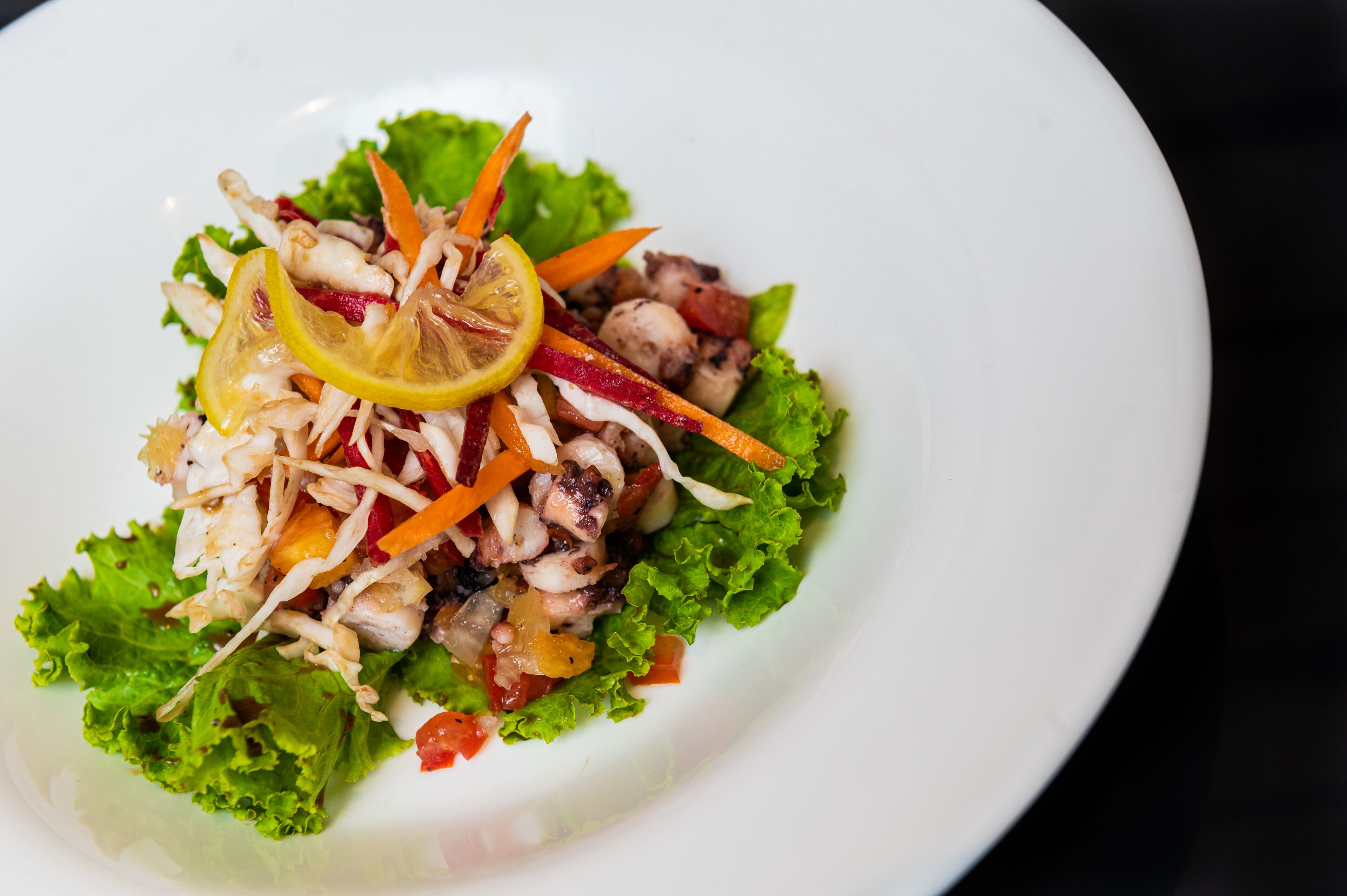Prato branco com salada de alface, cenoura e frango, decorado com fatias de limão.