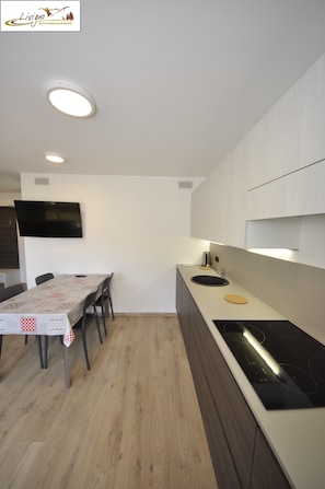 Apartamento luxo, 1 quarto, para não fumantes, vista para a montanha | Cozinha privada | Geladeira, micro-ondas, cooktop, lava-louças