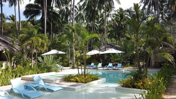 Uma área de piscina com espreguiçadeiras e guarda-sóis, cercada por palmeiras e vegetação tropical.