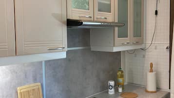 Apartamento básico | Cozinha privada | Micro-ondas em uma área comum, produtos de limpeza, toalhas de papel