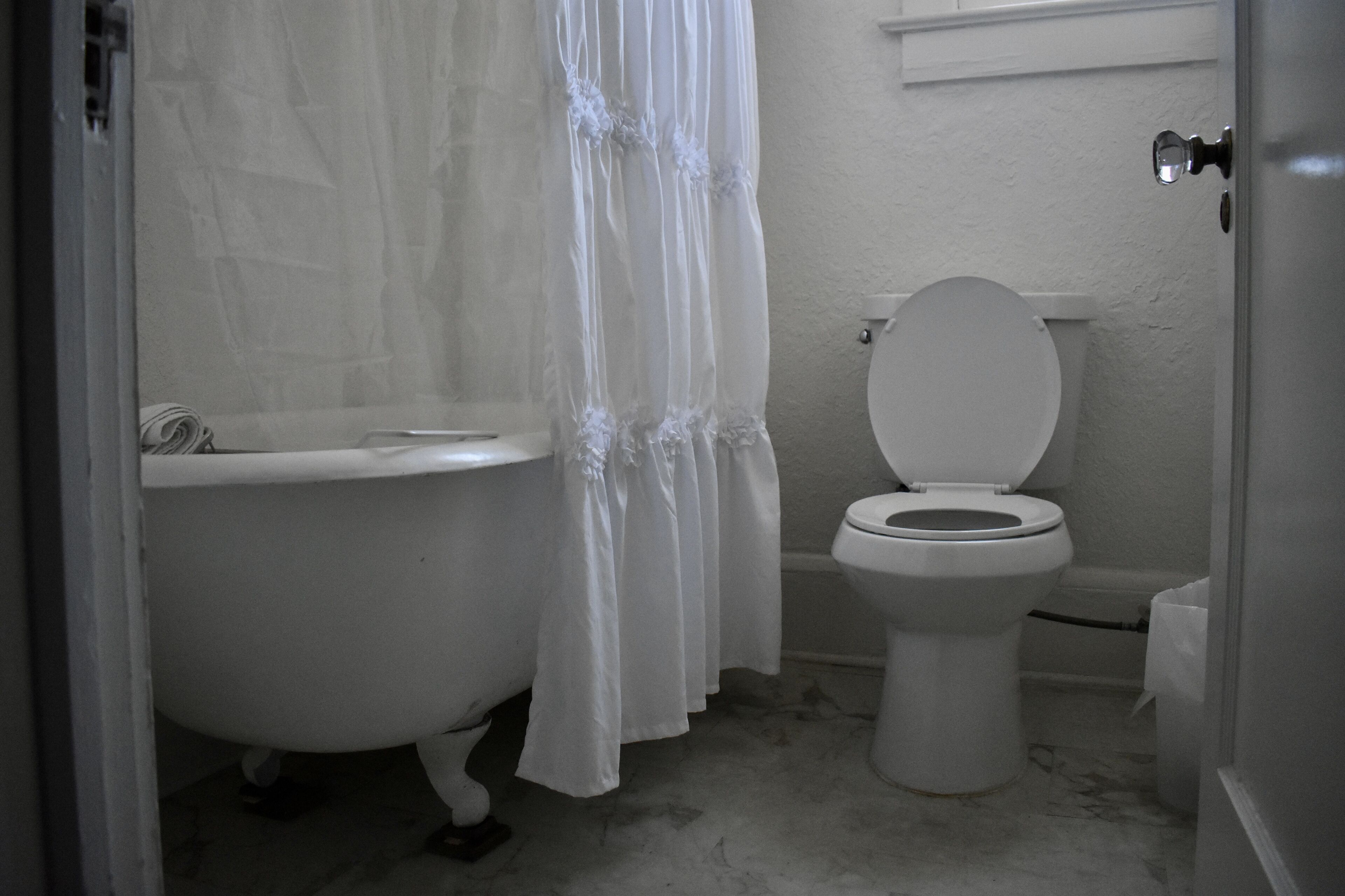 Um banheiro com banheira, vaso sanitário e cortina de chuveiro.