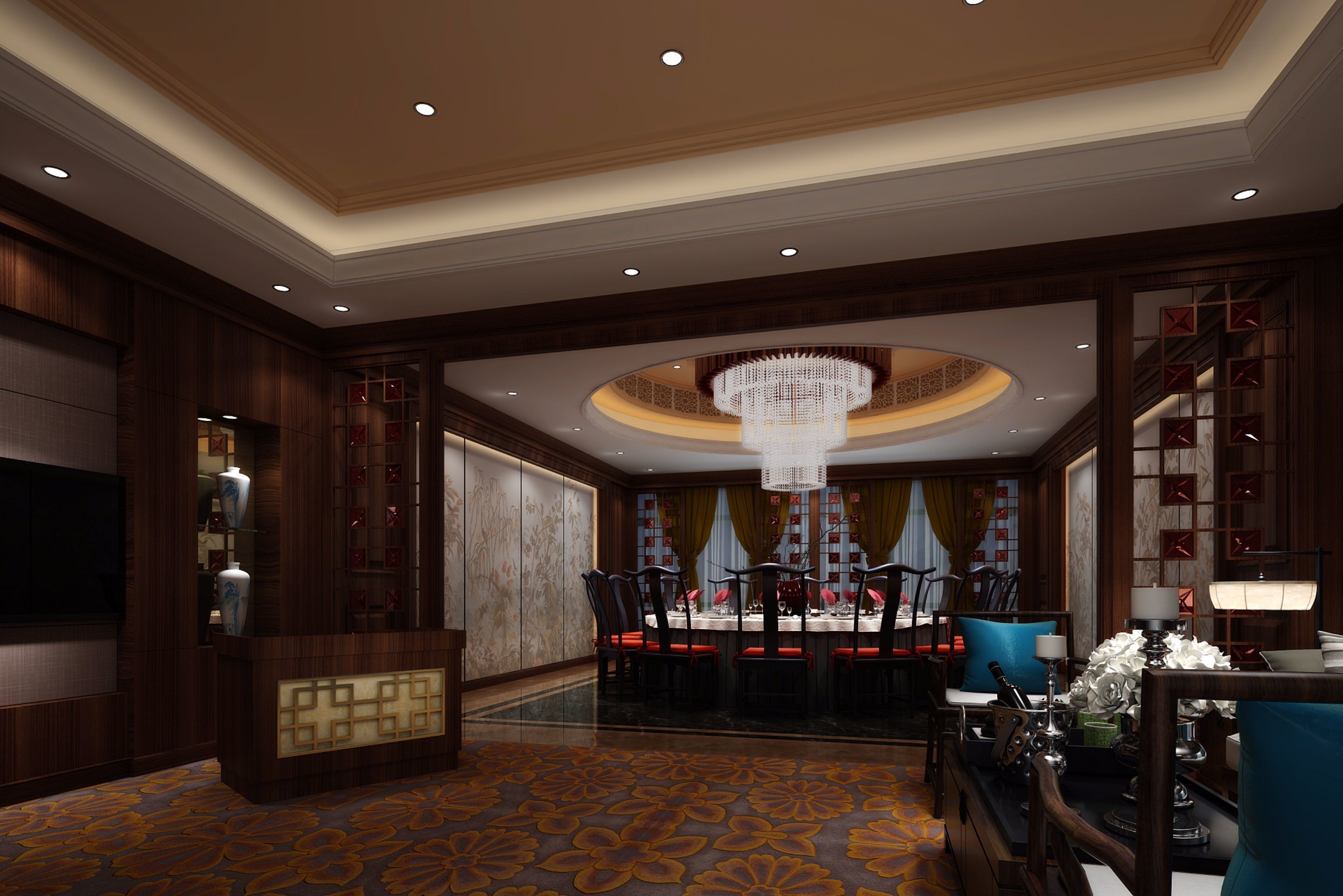 Um saguão de hotel com balcão de recepção, um candelabro, área de refeições com mesas e cadeiras, e um carpete estampado.