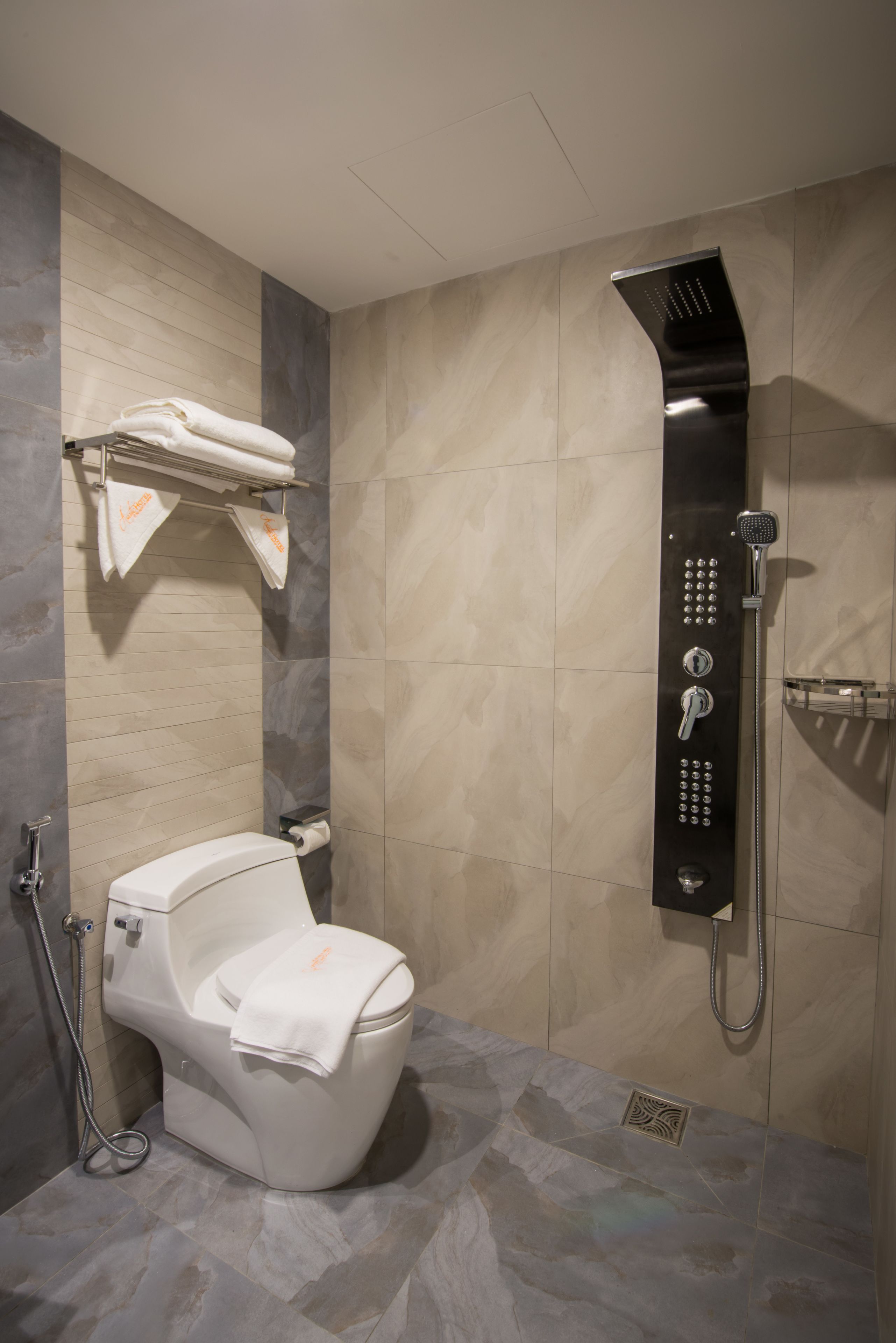 Uma casa de banho moderna com sanita, chuveiro e porta-toalhas.