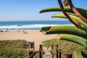 Uma praia com uma passarela de madeira que leva ao oceano, rodeada por vegetação verde e um céu azul límpido.