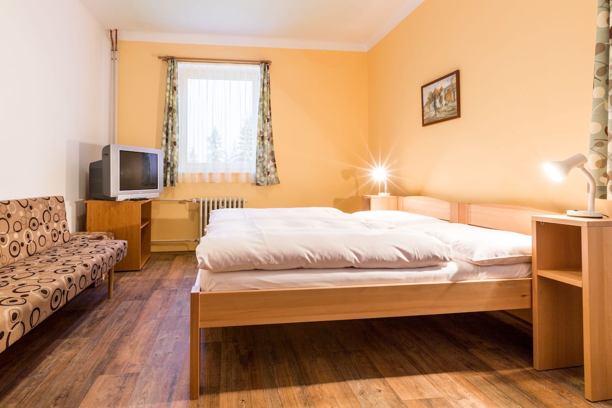Quarto com cama de madeira, sofá, televisão e janela com cortinas.