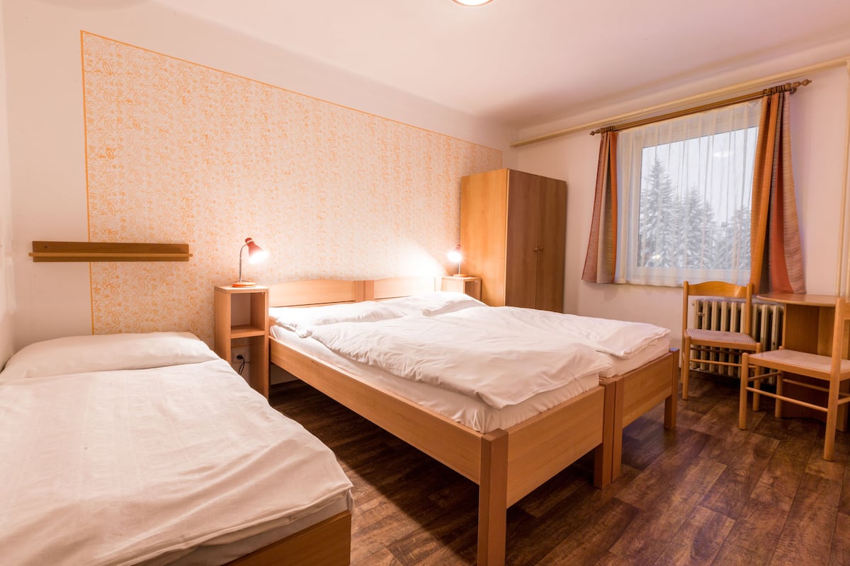 Quarto com duas camas de solteiro, um guarda-roupa de madeira, uma secretária com cadeira e um radiador.