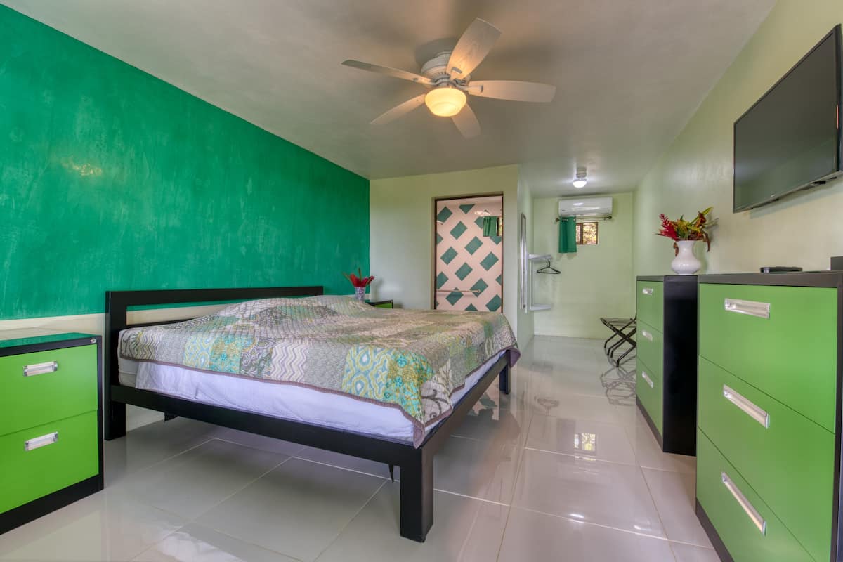 Quarto com cama, armários verdes, ventilador de teto e televisão.