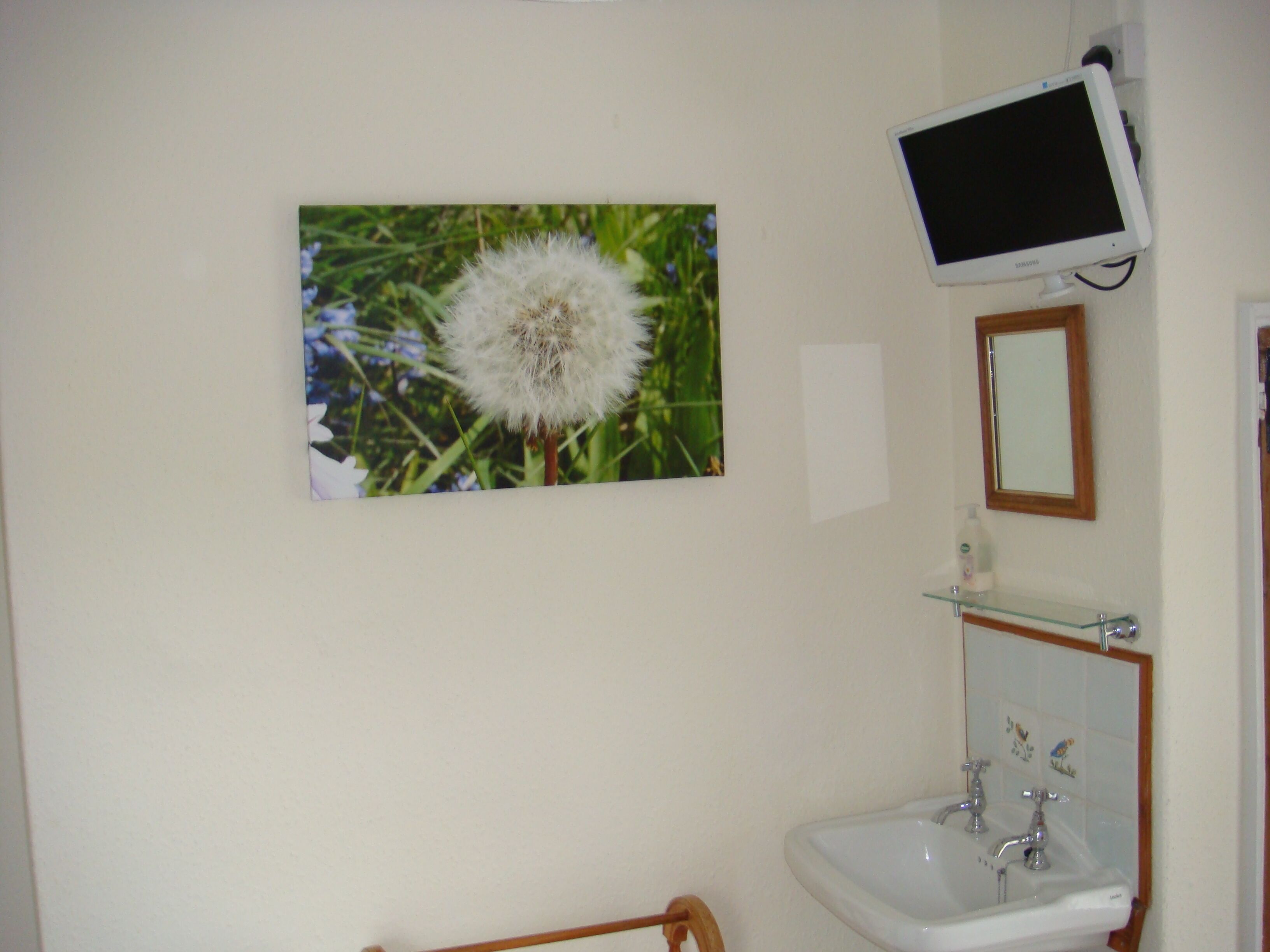 Casa de banho com lavatório branco, espelho, fotografia de um dente-de-leão e televisão montada.