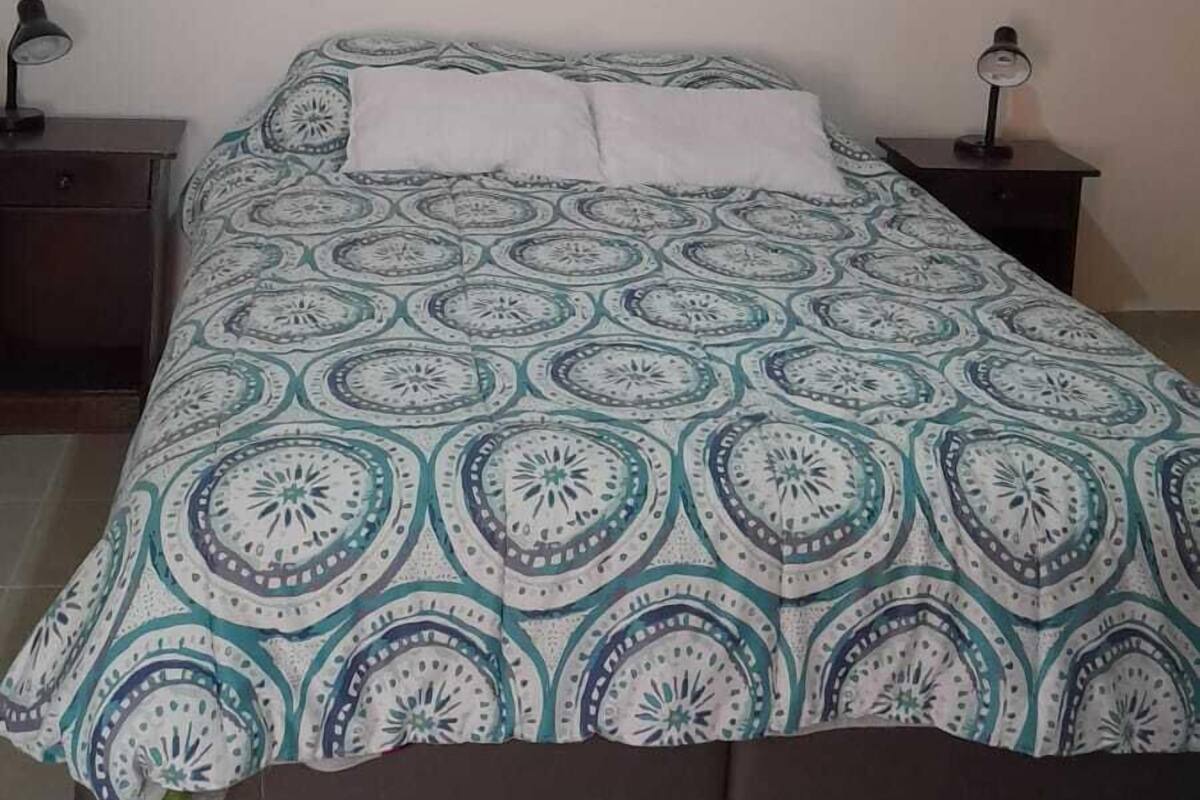 Quarto com cama, duas mesas de cabeceira, um quadro na parede e uma luminária no teto.