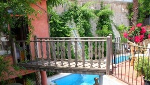 Área de piscina com uma ponte de madeira, rodeada por vegetação e uma estátua.