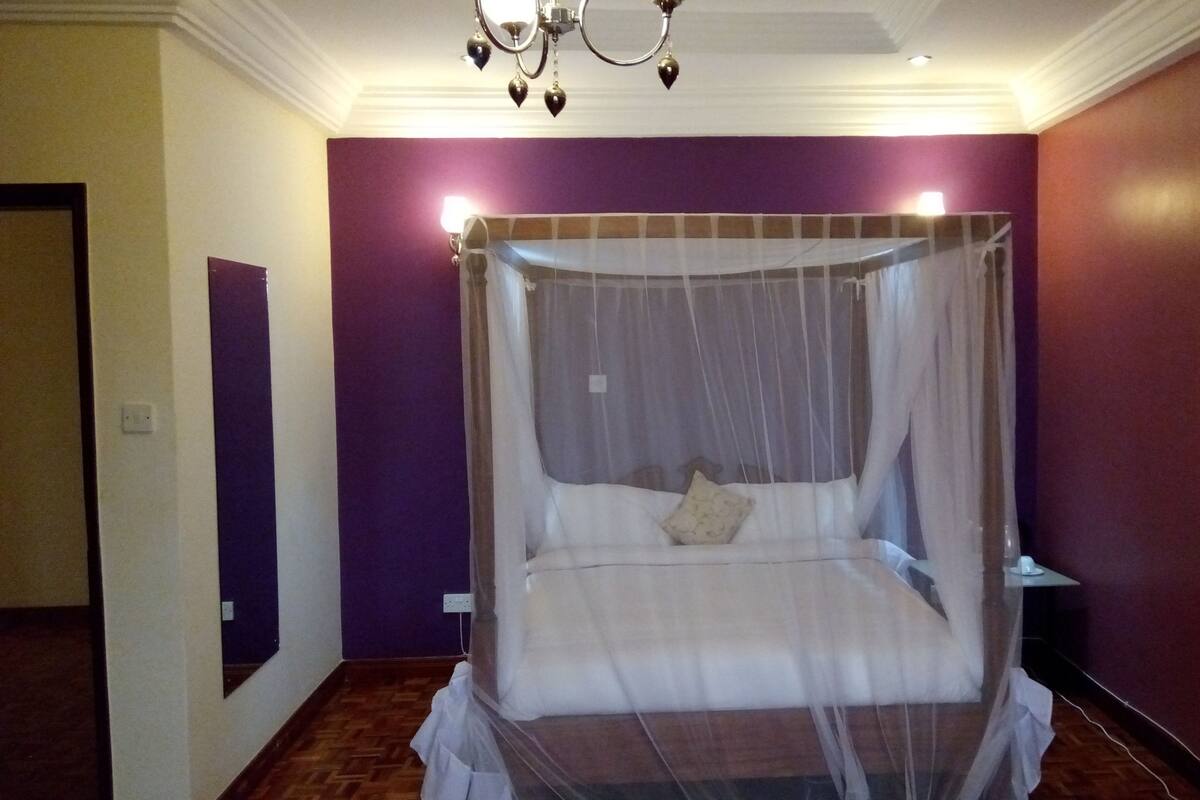 Quarto com uma cama de dossel, uma televisão em suporte e um candelabro.