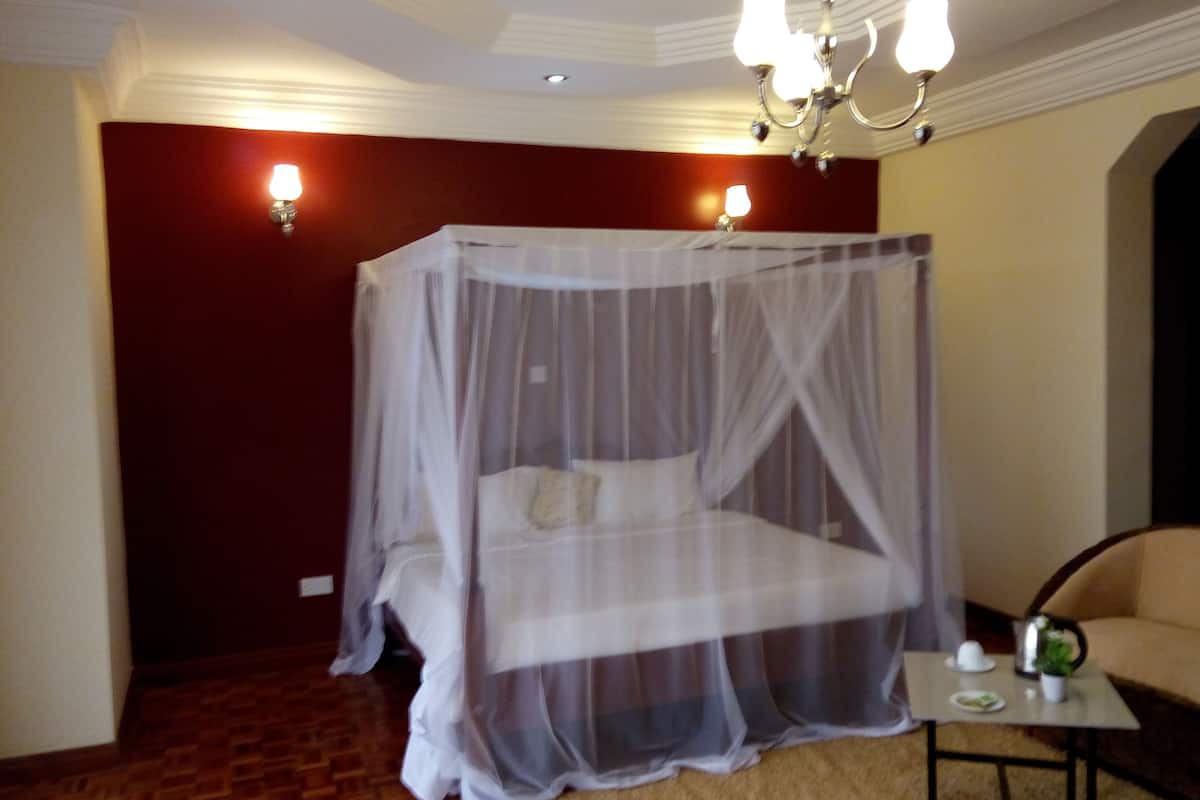 Quarto com cama sob dossel, um sofá, uma mesinha com uma planta e duas luminárias fixadas na parede.