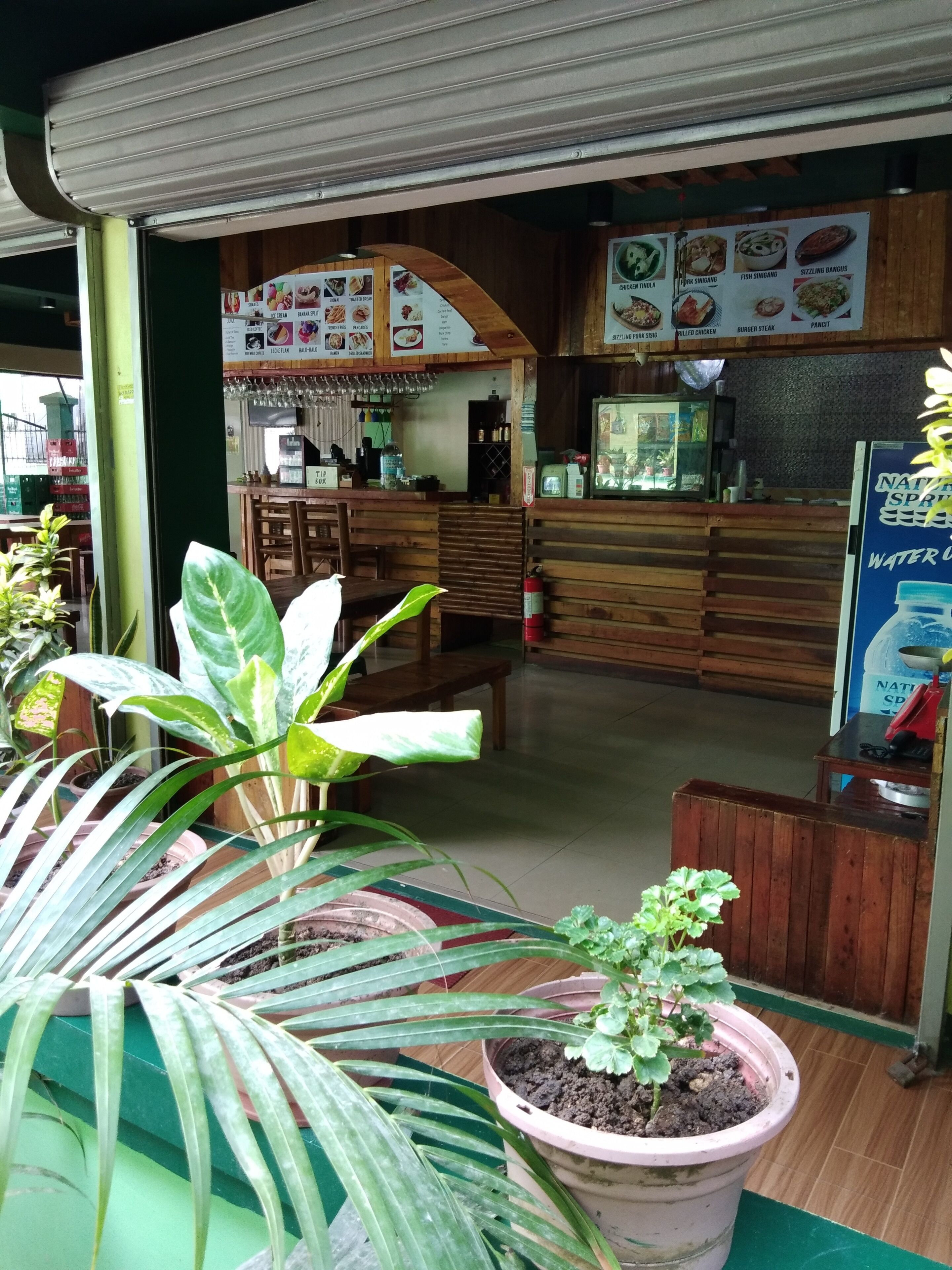 Restaurante com interior em madeira, balcão com menu e plantas em vasos.