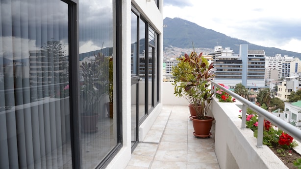 Varanda com plantas em vasos e vista para a paisagem urbana e montanhas.