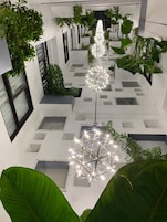 Decoração moderna com padrões geométricos, luminárias esféricas pendentes e plantas verdes.