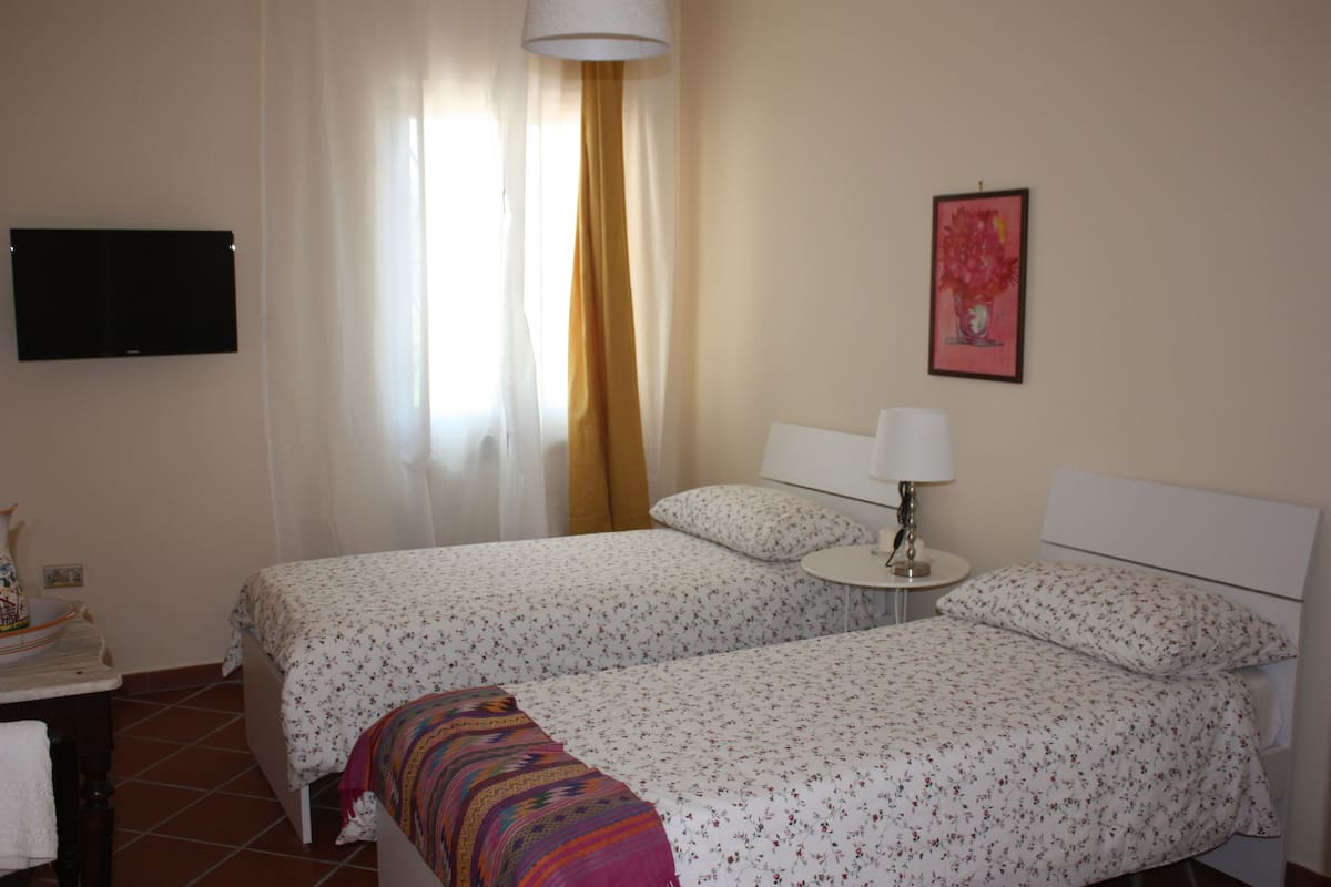 Quarto de hotel com duas camas, televisão, luminária e um quadro na parede.