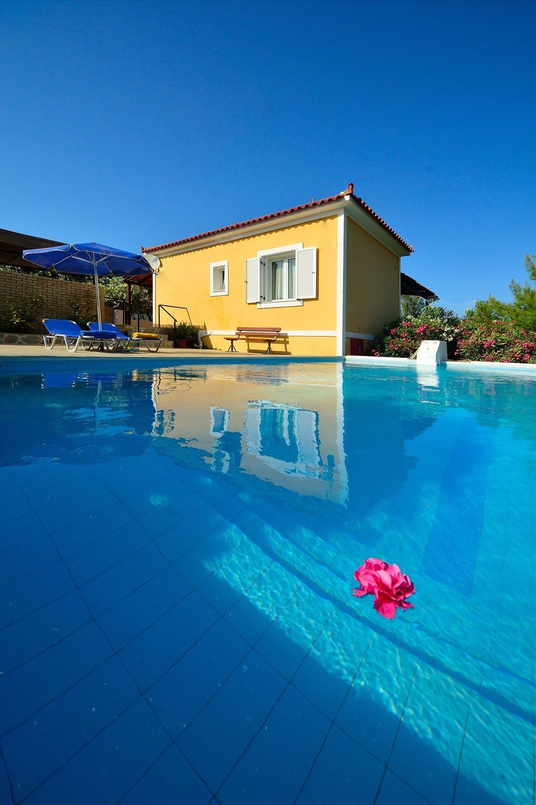 Uma piscina azul límpida com um edifício amarelo ao fundo, um banco e um guarda-sol azul.