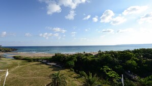 Paisagem costeira com praia, área gramada com trilha e vista do oceano sob um céu parcialmente nublado.