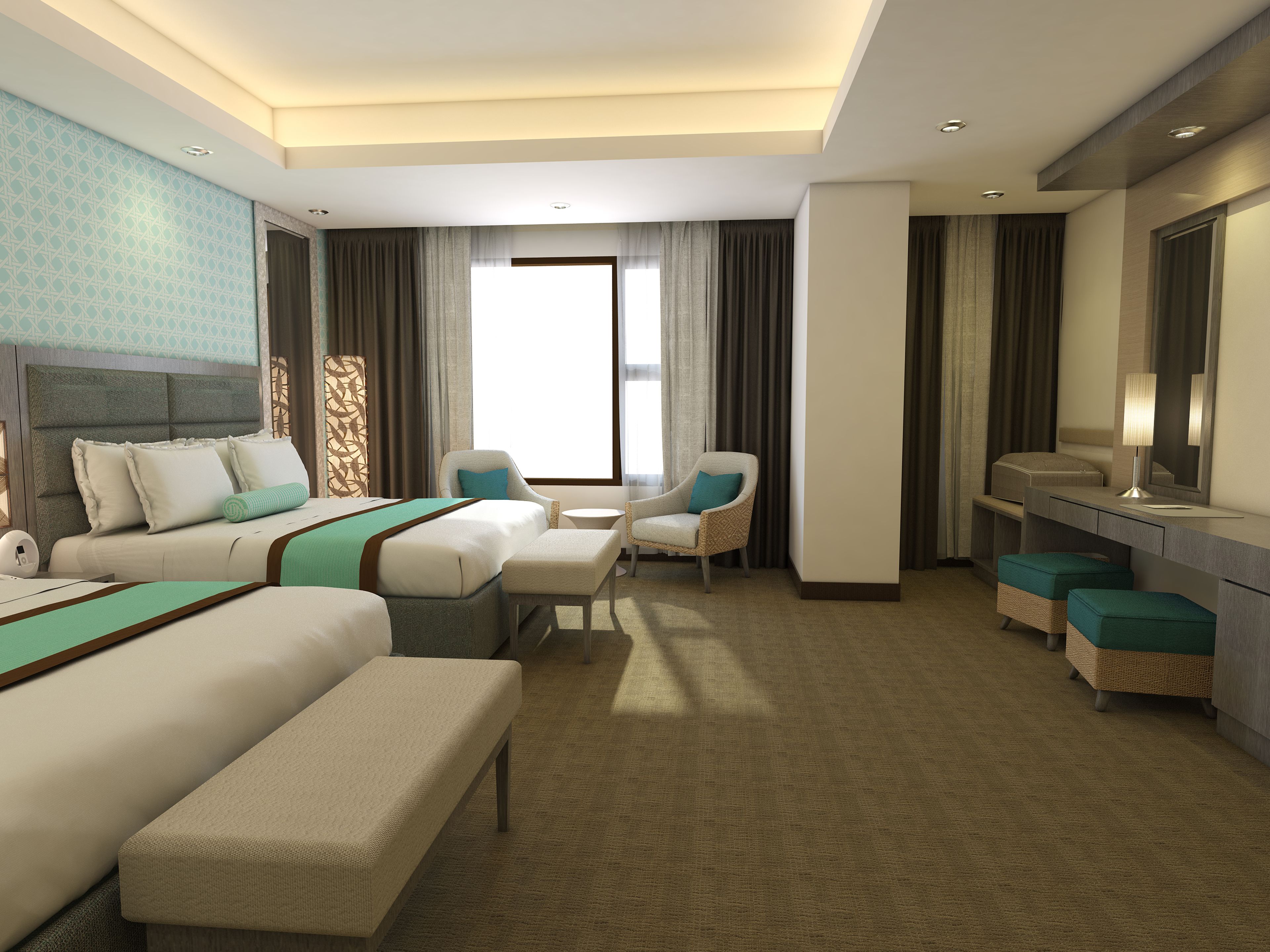 Quarto de hotel com cama grande, escrivaninha, cadeira, banco e uma janela ampla.