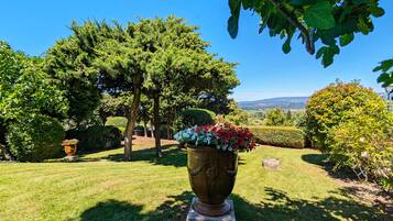 Um jardim com um vaso grande cheio de flores, rodeado por grama bem cuidada e árvores.