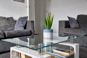 Apartamento Familiar | Sala de estar | Televisor de ecrã plano de 32 polegadas com canais por cabo, televisor 