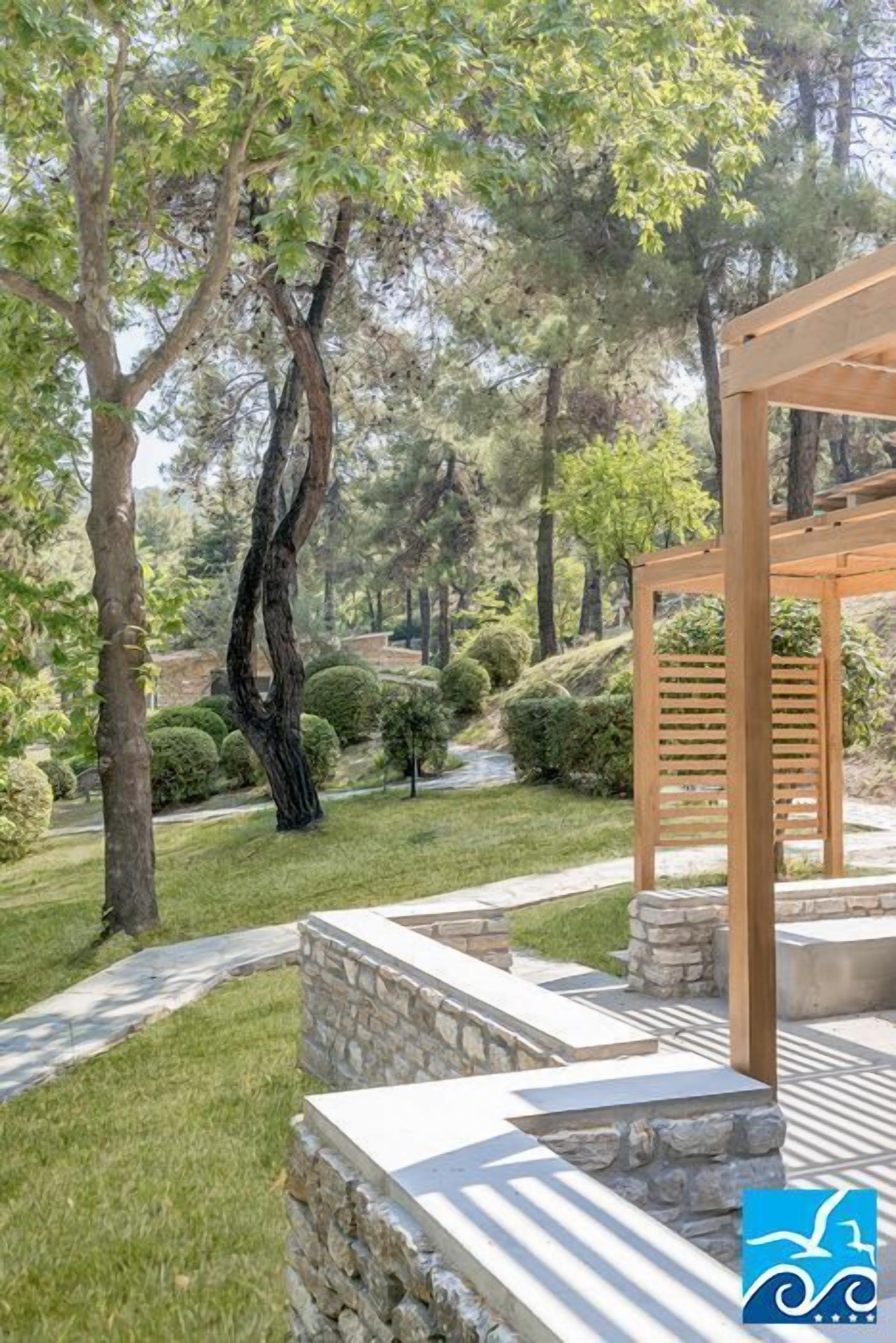 Um jardim com pérgola de madeira, degraus de pedra e diversas árvores e arbustos.