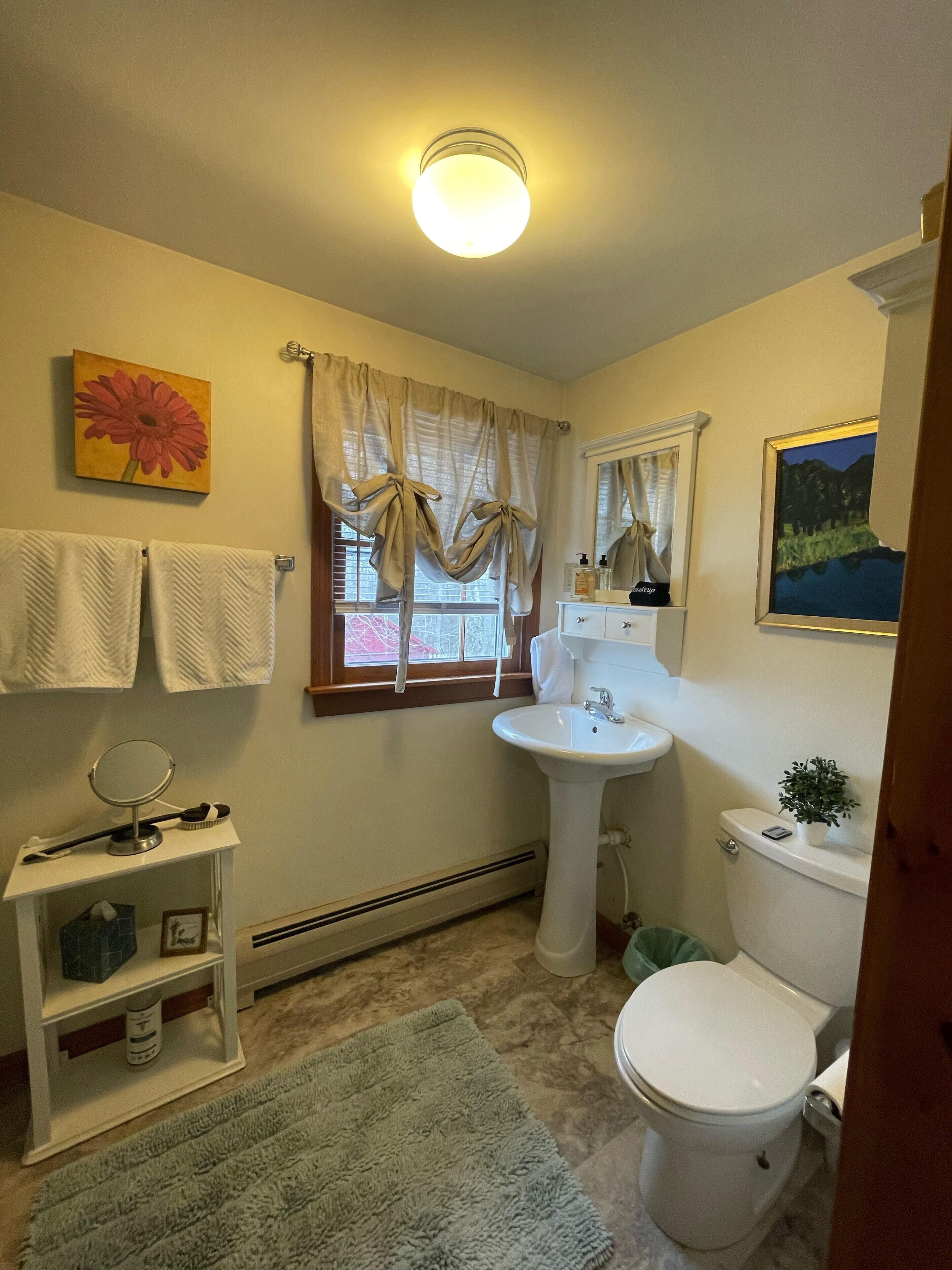 Casa de banho com sanita, lavatório e espelho. Tem uma janela com cortinas, um porta-toalhas e um quadro na parede.